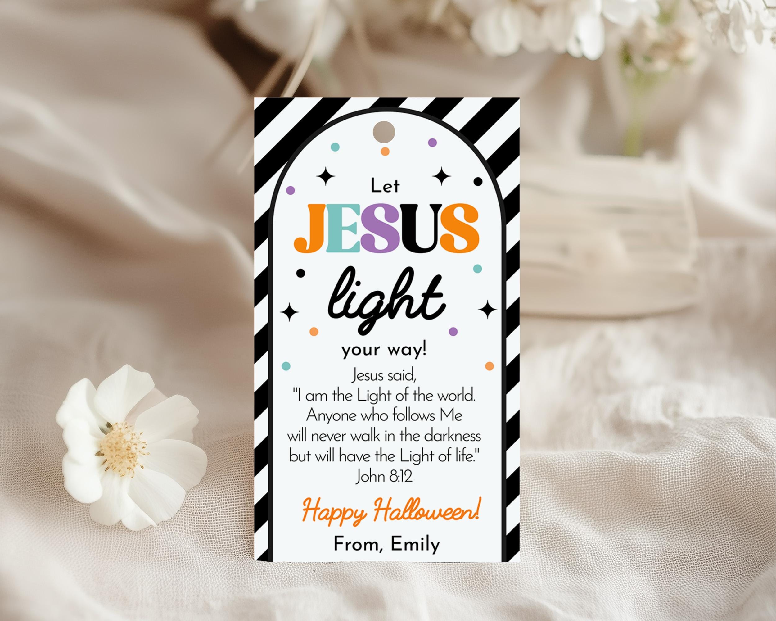Let Jesus Light Your Way Tag, Religious Halloween Favor Tags, Christian ...