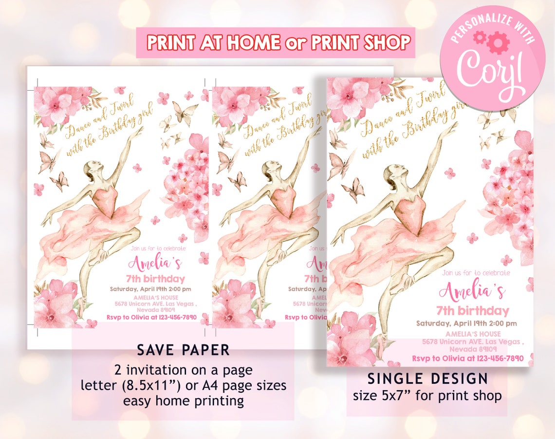 Ballerina Invitation Birthday Party Invite Dance Ballet Girl | Etsy