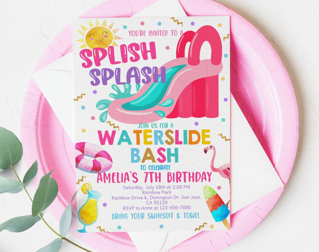 Waterslide Birthday Invitation Boy Girl 1st Birthday Party Invite Pink Water Slide Summer Pool ...