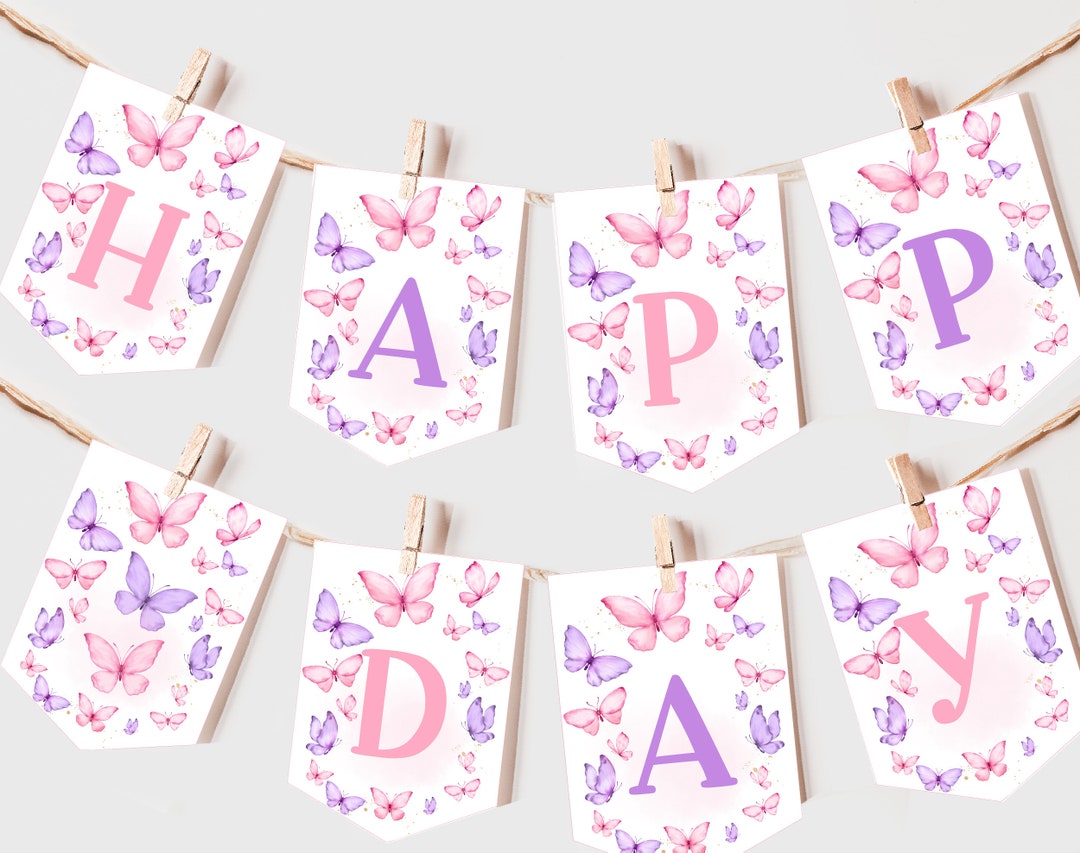 Butterfly Birthday Banner Girl Birthday Decor Pink Purple Butterflies ...