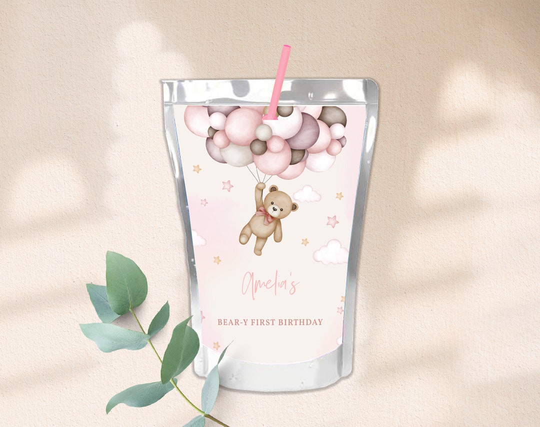 Teddy Bear Juice Pouch Labels Beary First Girl 1st Birthday Party Decor ...