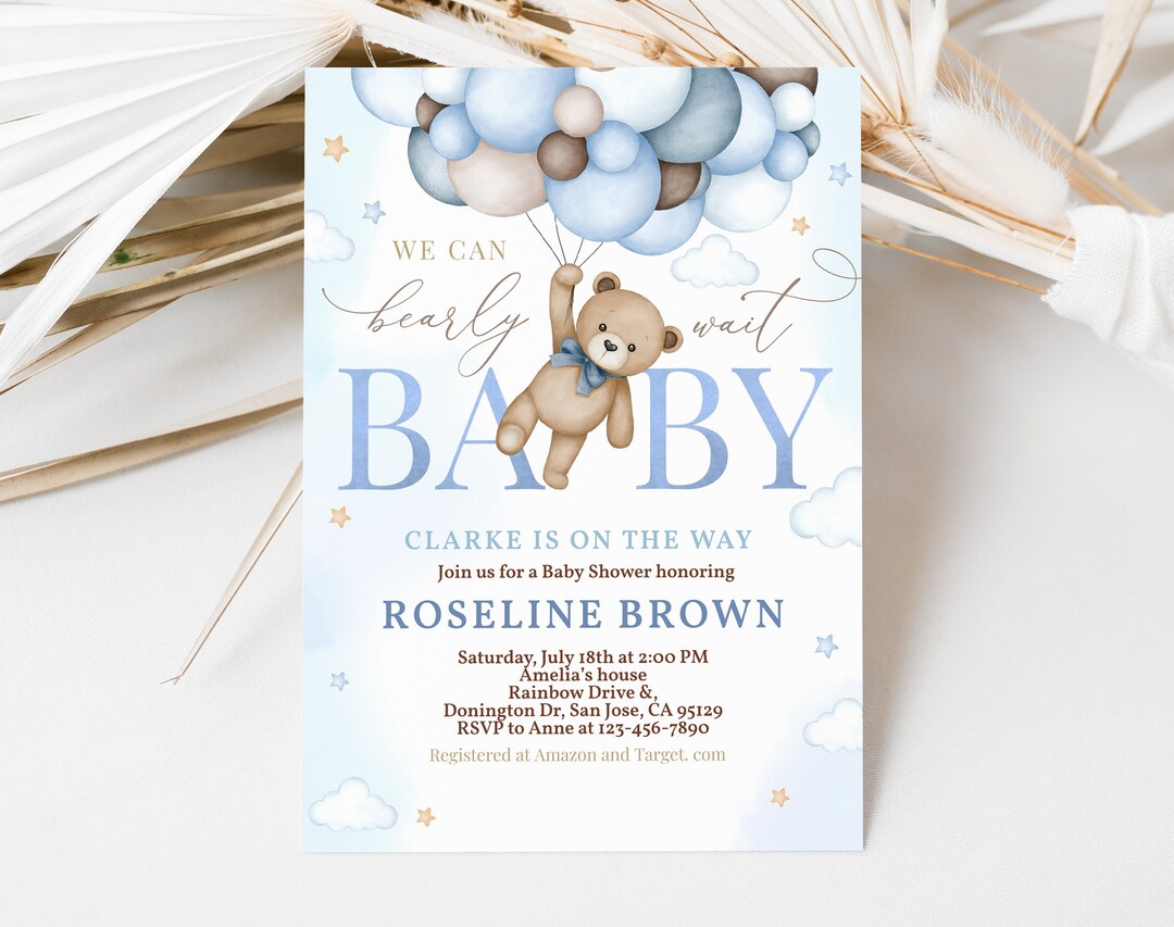 Teddy Bear Baby Shower Invitation We Can Bearly Wait Boy Gender Neutral ...