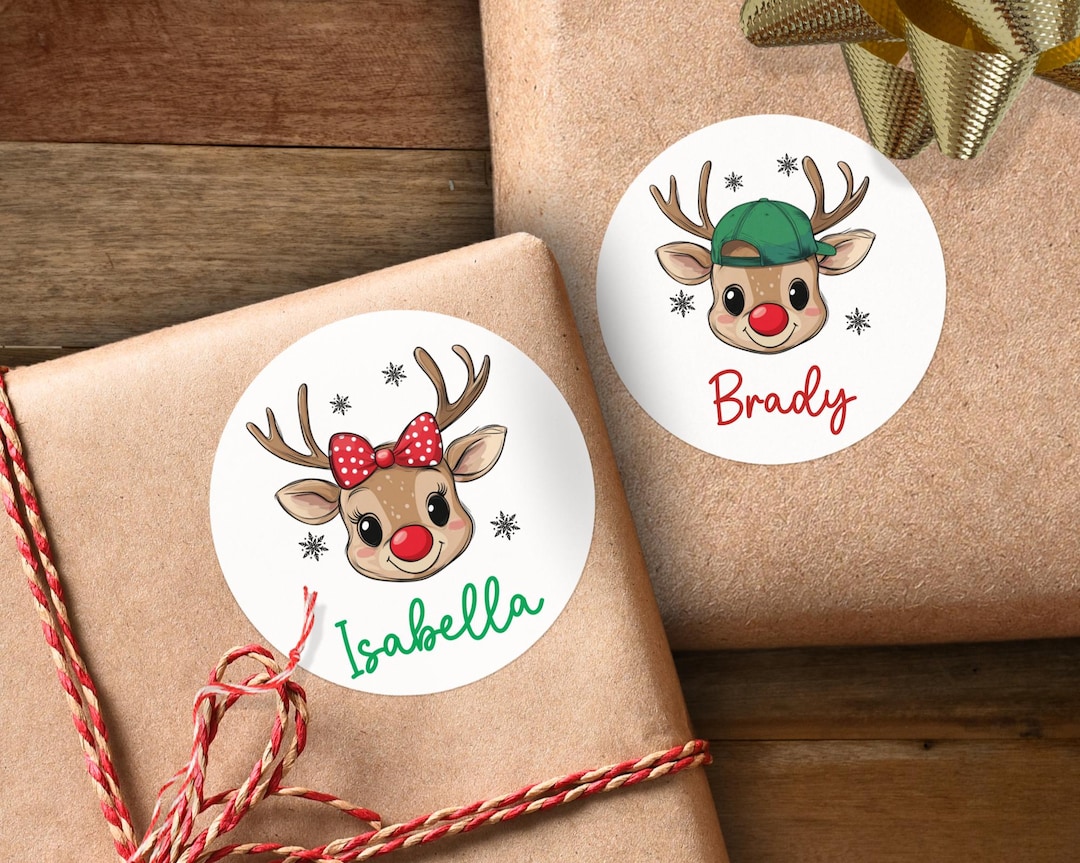 Reindeer Christmas Name Labels, Kids Gift Label Stickers, Gift Wrap ...