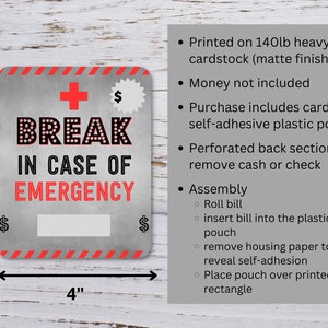 PRINTED Break in Case of Emergency Money Holder Card, Gift for College ...