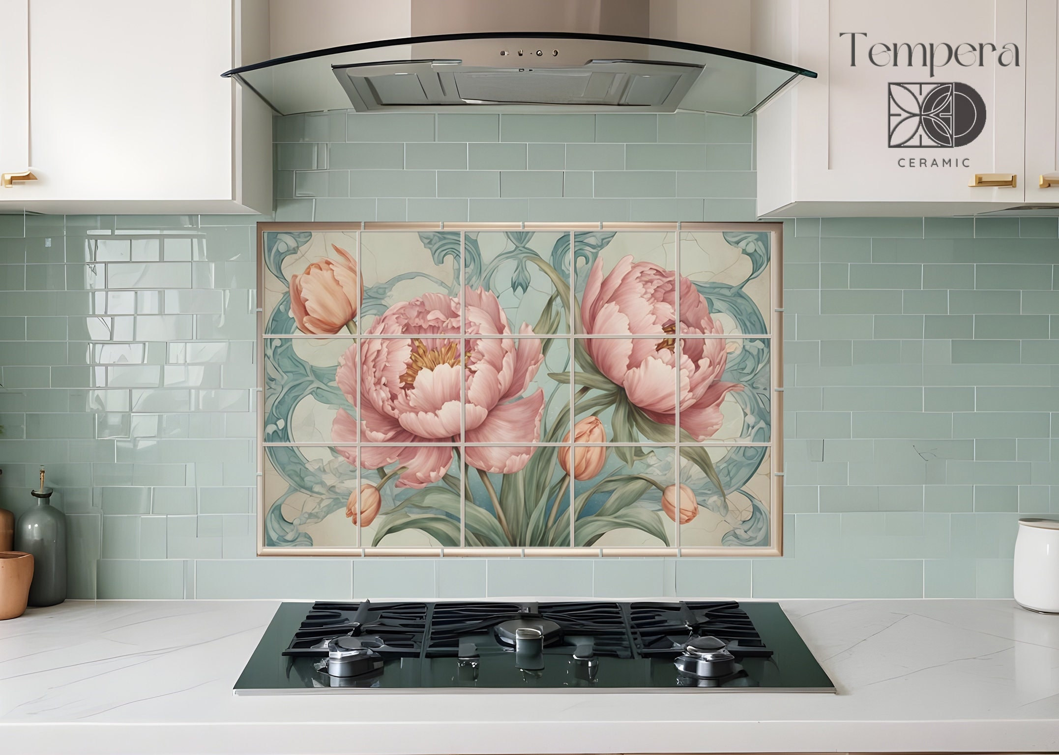 Kitchen Backsplash Tiles, Peonies in Art Nouveau Style, Floral ...