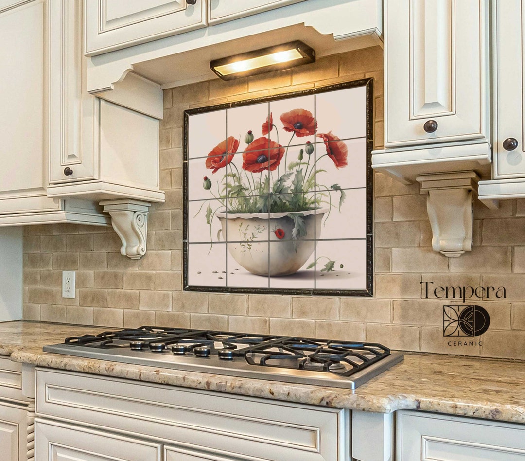 Poppies Backsplash Tile Mural, Poppy Frame Tiles, Flower Mural Tiles ...