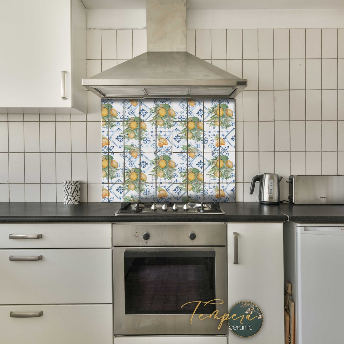Stove Mural Backsplash, Stove Tile Decor With Lemons and Blue Ornaments ...