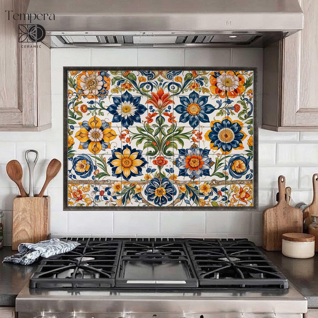 Floral Mexican Style Pattern Tiles Backsplash, Floral Composition of ...