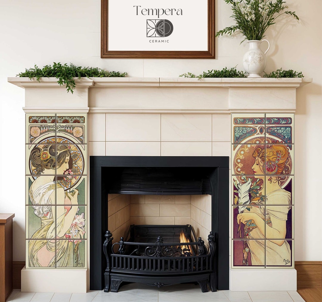 Alphonse Mucha Tile Installationt for Your Fireplace, Primrose and ...
