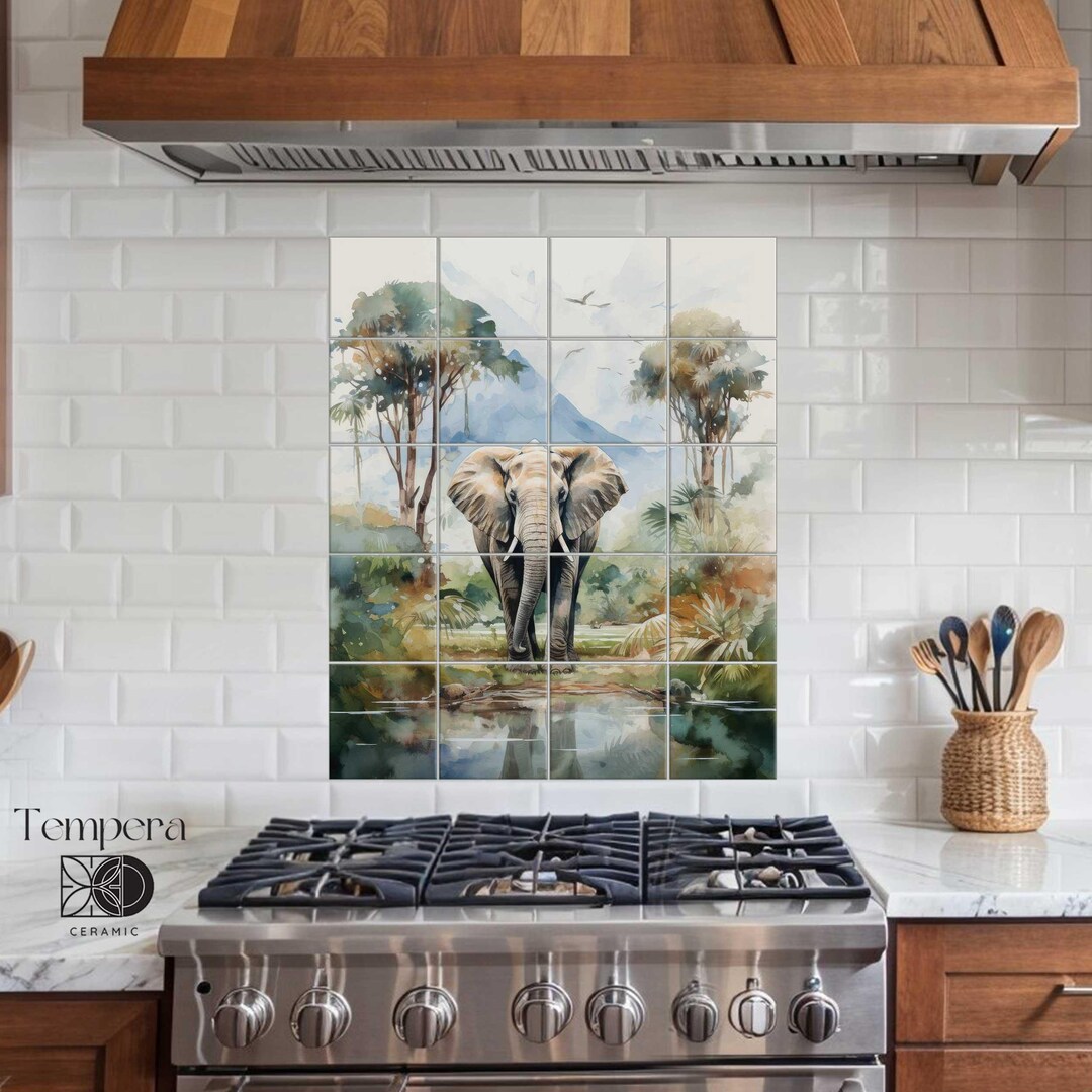 Nature Landscape With an Elephant on Ceramic Tiles, Bathroom Backsplash ...
