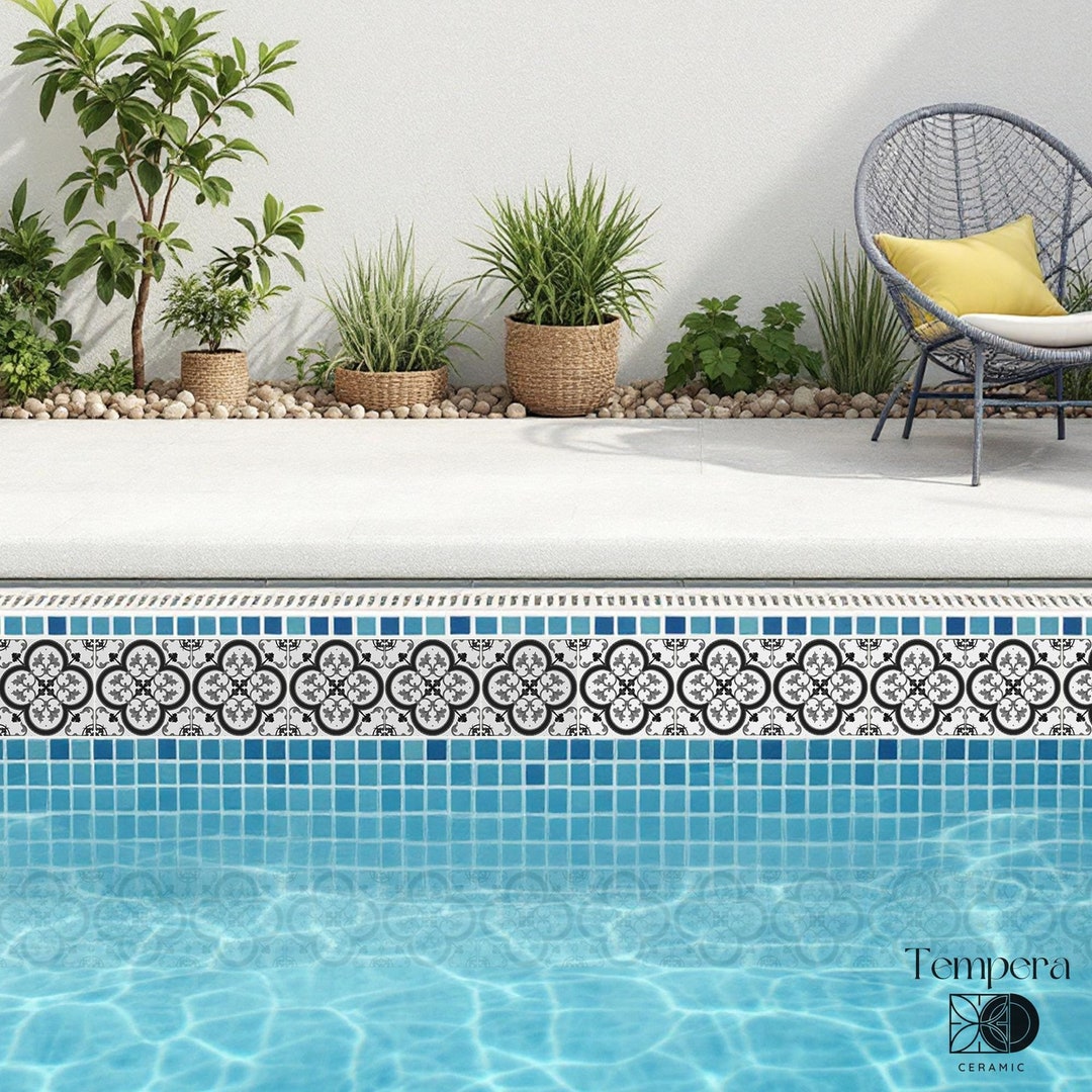 Black & White Clover Pool Tiles: Retro Waterline Accent Tile - Etsy