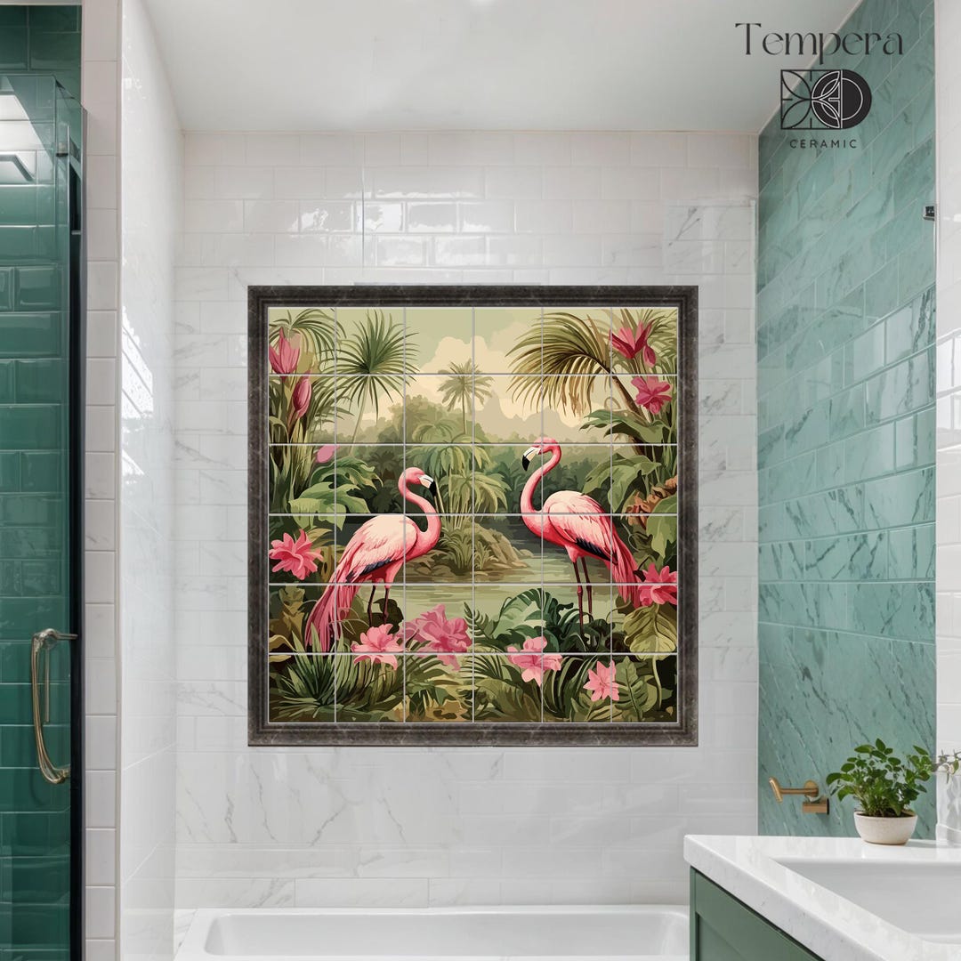 Tropical Flamingo Bathroom Tile Mural: Custom Landscape Tiles - Etsy