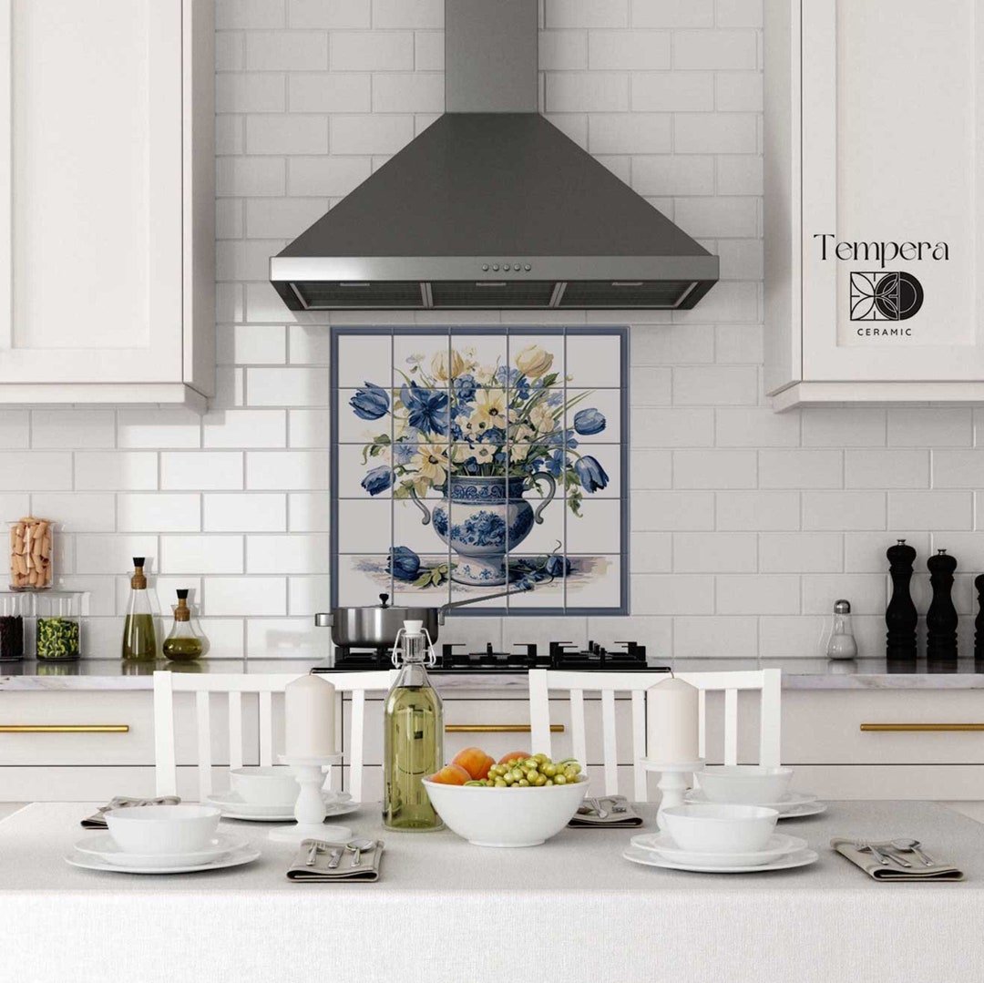 Backsplash Blue Vase With Flowers and Border Tiles Mural, Tiles Image ...
