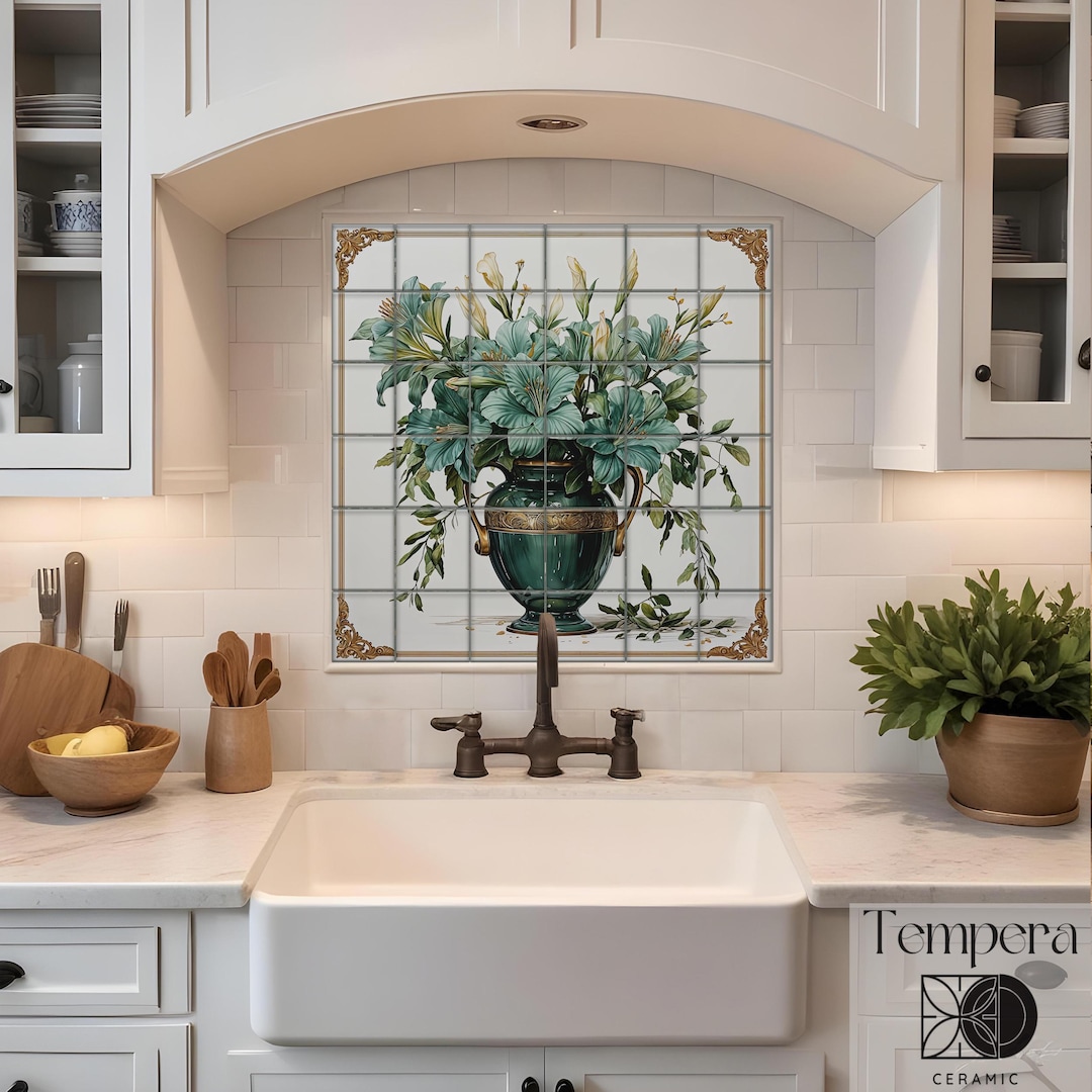 Green Lilium Flowers Backsplash Tiles, Floral Tiles Mural for Kitchen ...
