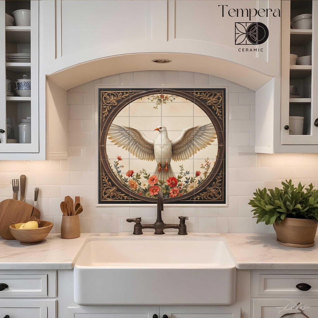 White Dove With Wings Spread Backsplash Tiles Mural, Dove in Medieval ...