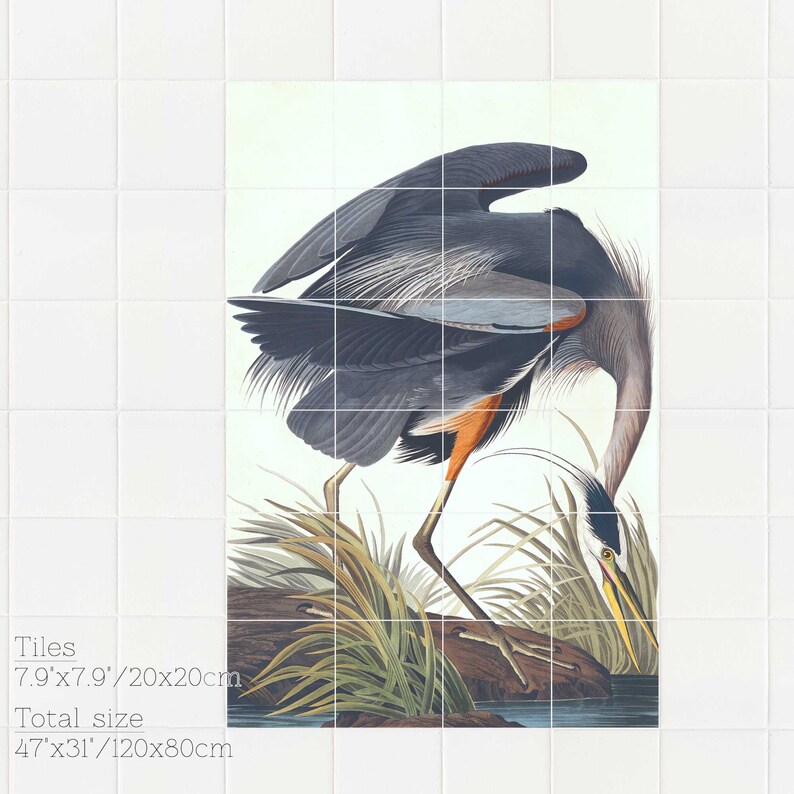 Mural Tile Set of the Blue Heron by Audubon, Tiles Mural With a Bird ...
