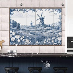 Dutch Windmill Landscape Ceramic Mural, Blue and White Backsplash Tiles ...