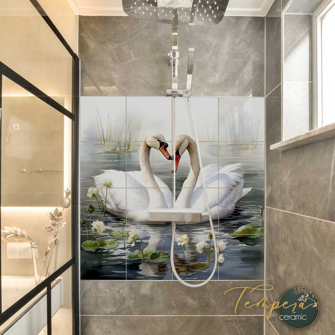 Swan Shower Niche Tile Mural, Unique Look Tile Mural, Swan Bathroom ...