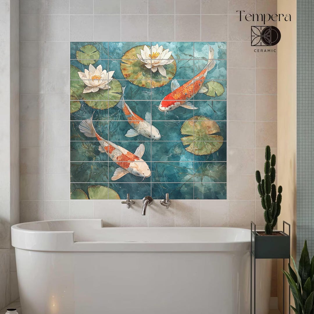 Bathroom Backsplash With Koi Fish Tiles, Water Lilies and Koi Fish ...
