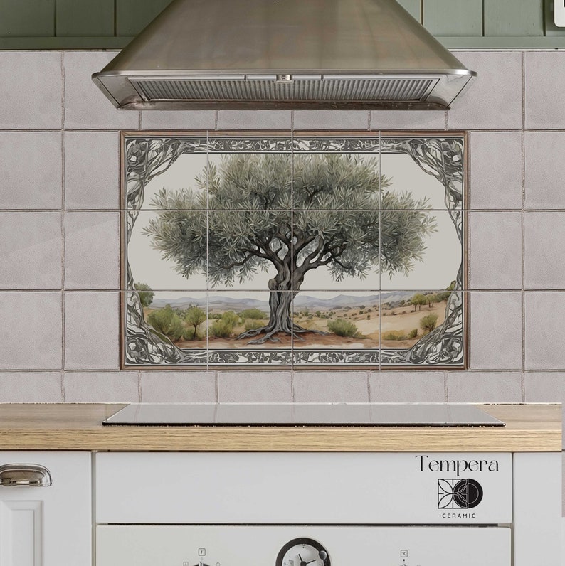 Olive Tree Kitchen Backsplash Tile Mural With Marble Frame - Etsy