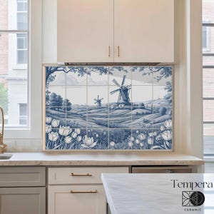 Dutch Windmill Landscape Ceramic Mural, Blue and White Backsplash Tiles ...
