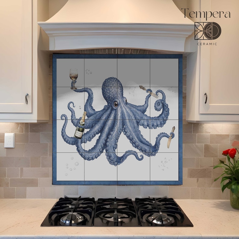 Octopus Backsplash Tile Mural, Octopus With Fork and Knife, Wine and a ...