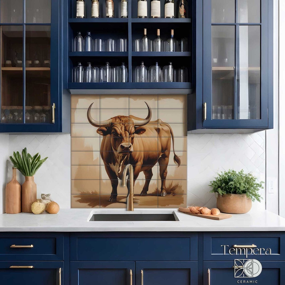 Bull Backsplash Tiles Mural, Ceramic Kitchen Backsplash With a Bull - Etsy