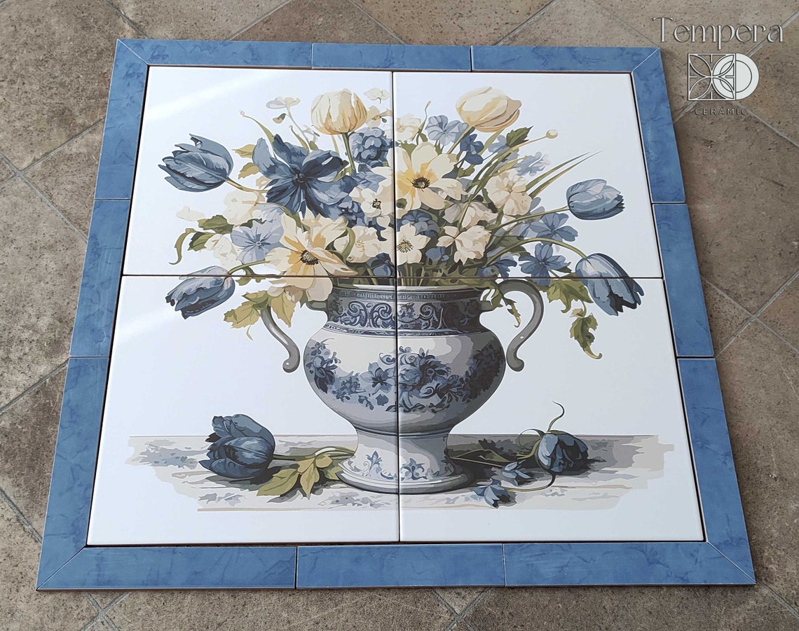 Backsplash Blue Vase With Flowers and Border Tiles Mural, Tiles Image ...