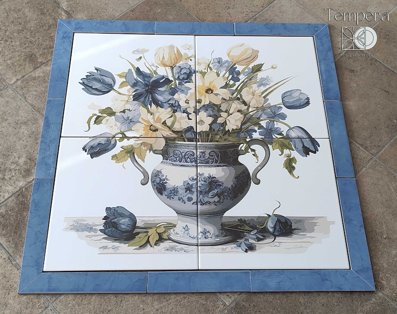 Backsplash Blue Vase With Flowers and Border Tiles Mural, Tiles Image ...