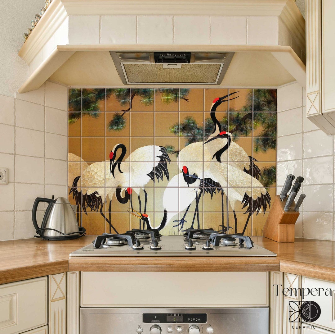 Chinese Cranes Tiles Mural, Asian Birds Tiles Backsplash, Red-crowned Cranes on a Warm-toned ...