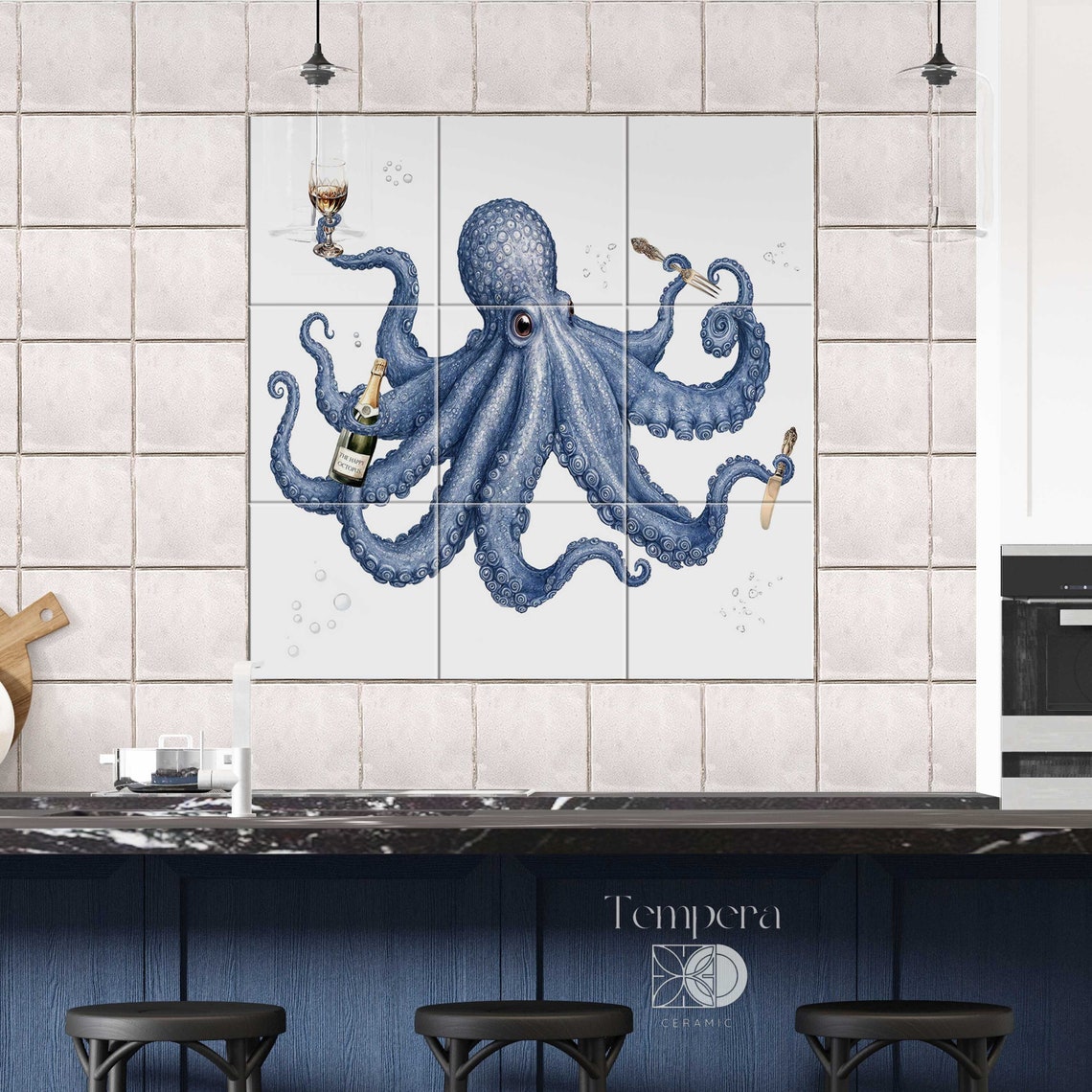 Octopus Backsplash Tile Mural, Octopus With Fork and Knife, Wine and a ...