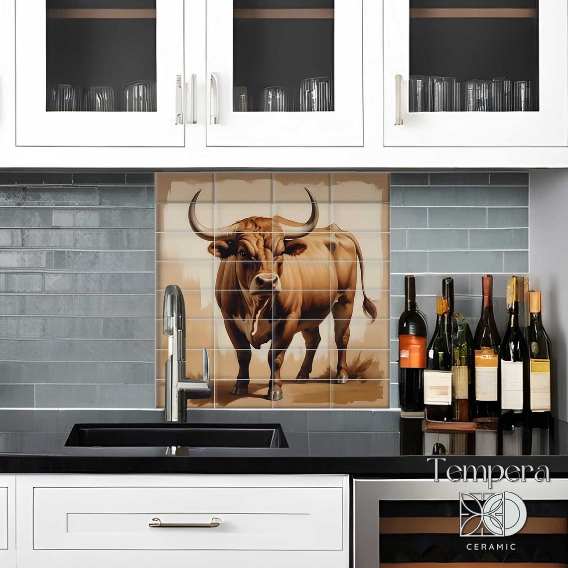Bull Backsplash Tiles Mural, Ceramic Kitchen Backsplash With a Bull - Etsy