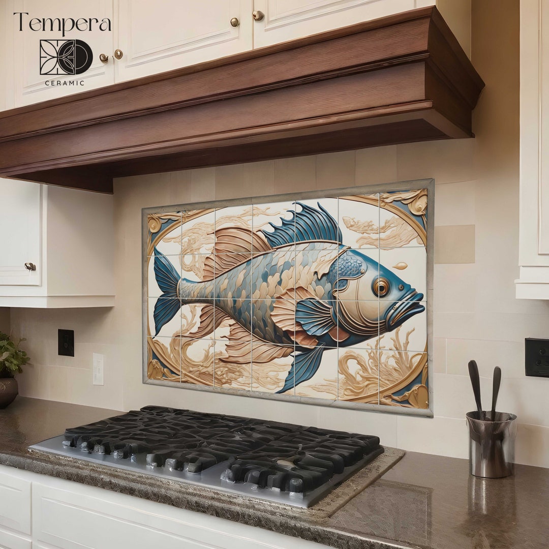 Backsplash Abstract Fish Tiles Mural, Kitchen Accent Tiles, Vintage ...