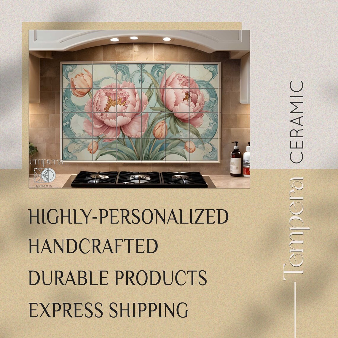 Kitchen Backsplash Tiles, Peonies in Art Nouveau Style, Floral ...