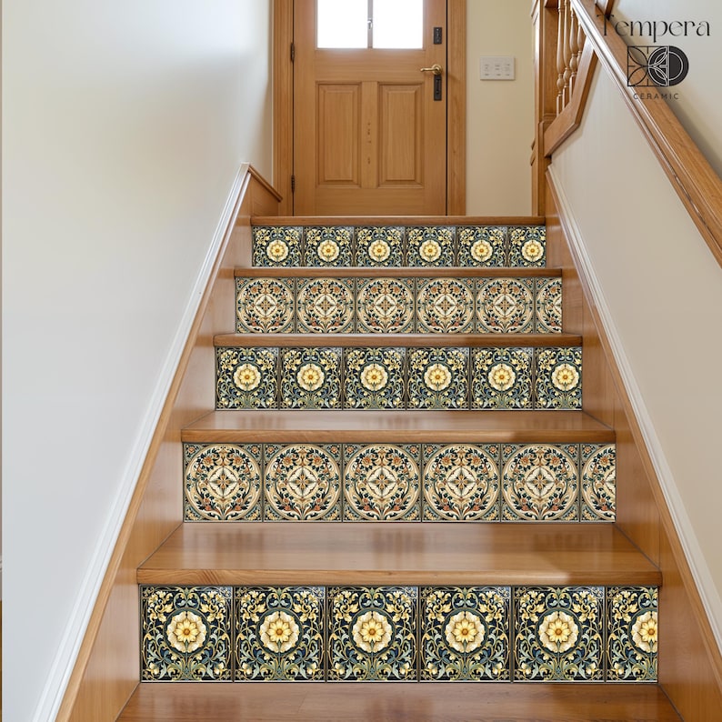 Art Nouveau Stair Riser Tiles Vintage Decorative Ceramic Staircase