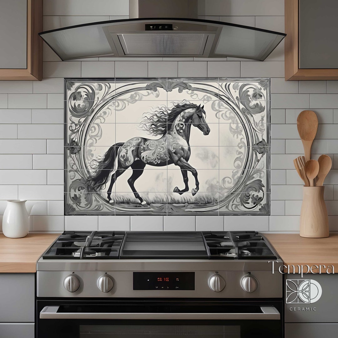 Horse Tile Mural, Backsplash Black and White Horse Tiles, Marble or ...