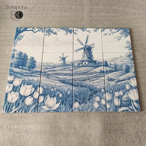 Dutch Windmill Landscape Ceramic Mural, Blue and White Backsplash Tiles ...