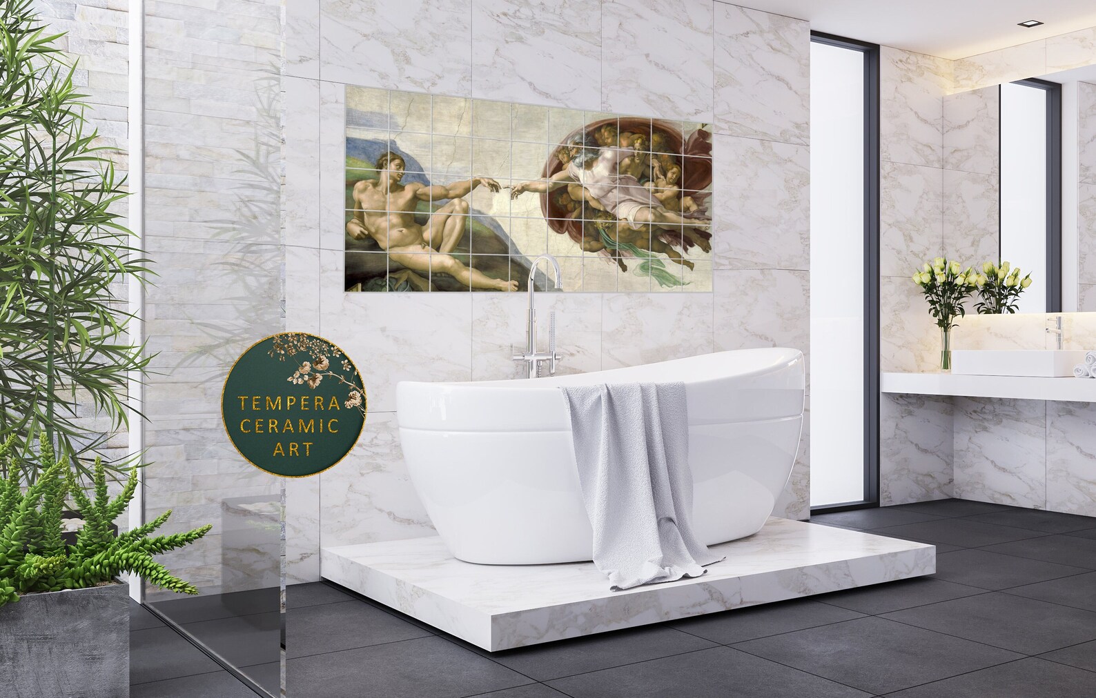 The Creation of Adam Tiles Mural by Michelangelo, Religious Tile Mural ...