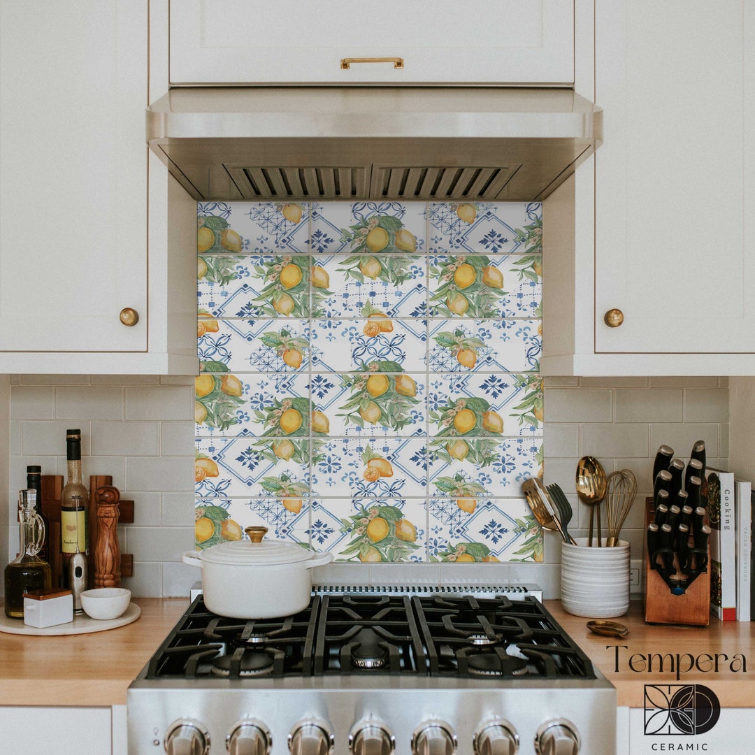 Stove Mural Backsplash, Stove Tile Decor With Lemons and Blue Ornaments ...