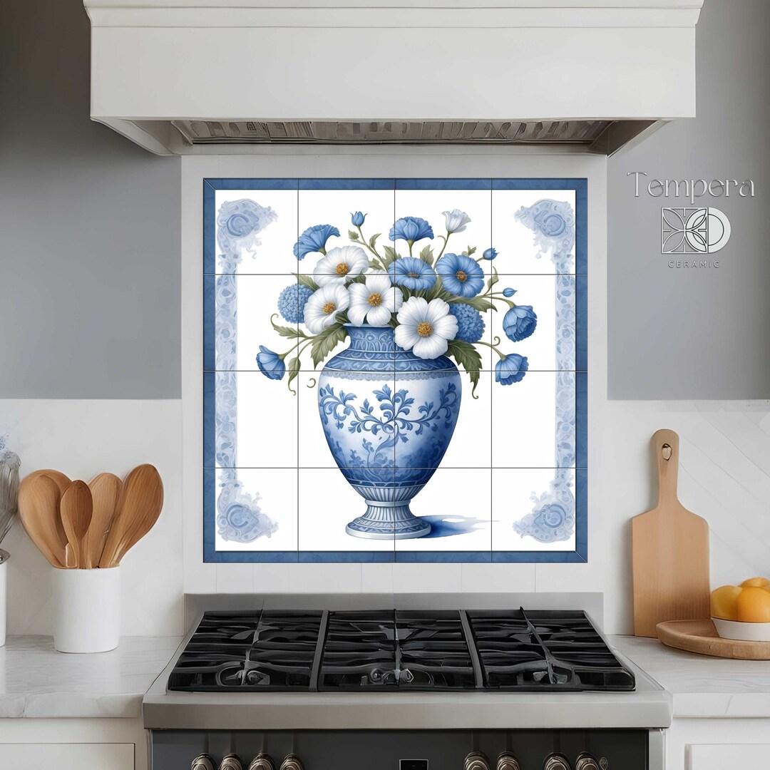Delft Blue Vase With Flowers Backsplash Tile Mural - Etsy