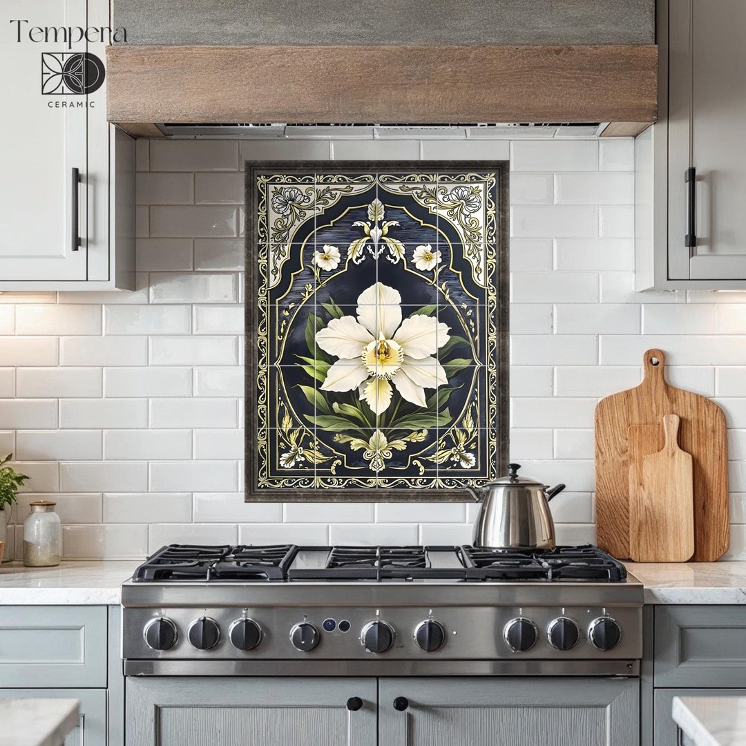 Orchid Ornate Backsplash Tiles, Art Nouveau Orchid Kitchen Decor Tiles ...