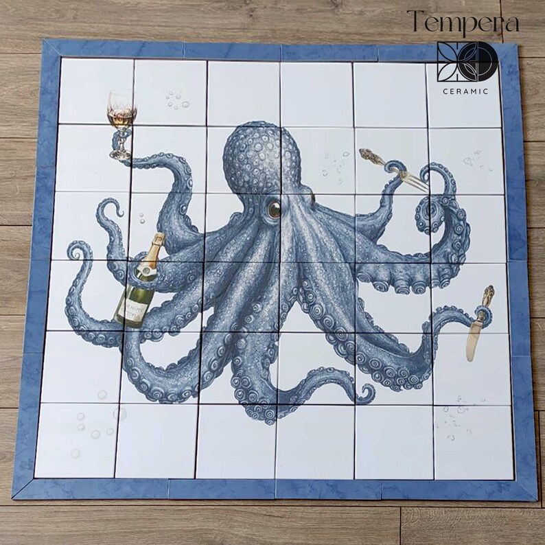 Octopus Backsplash Tile Mural, Octopus With Fork and Knife, Wine and a ...