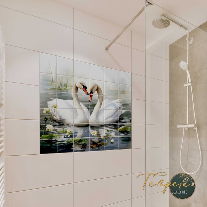 Swan Shower Niche Tile Mural, Unique Look Tile Mural, Swan Bathroom ...