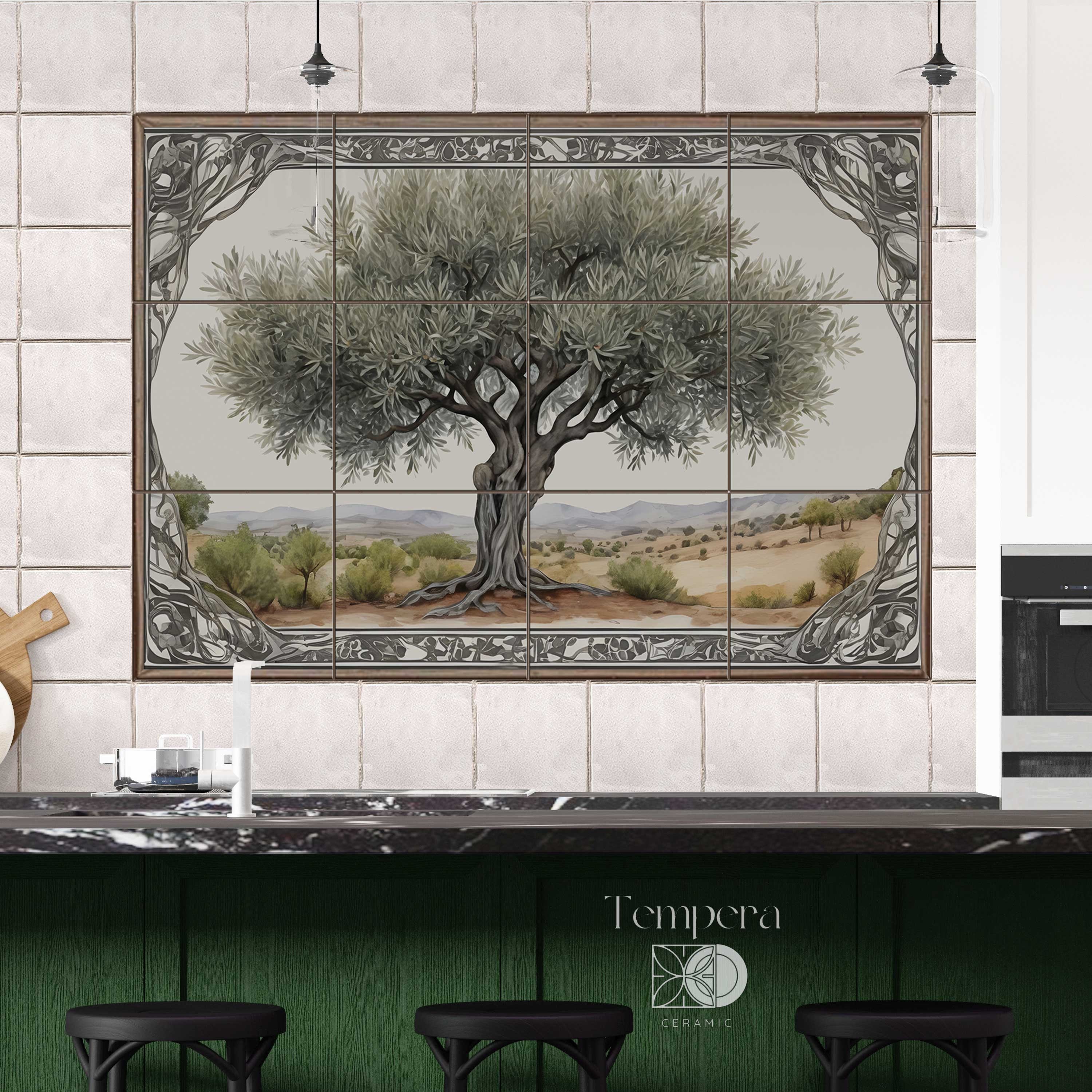 Olive Tree Kitchen Backsplash Tile Mural With Marble Frame - Etsy