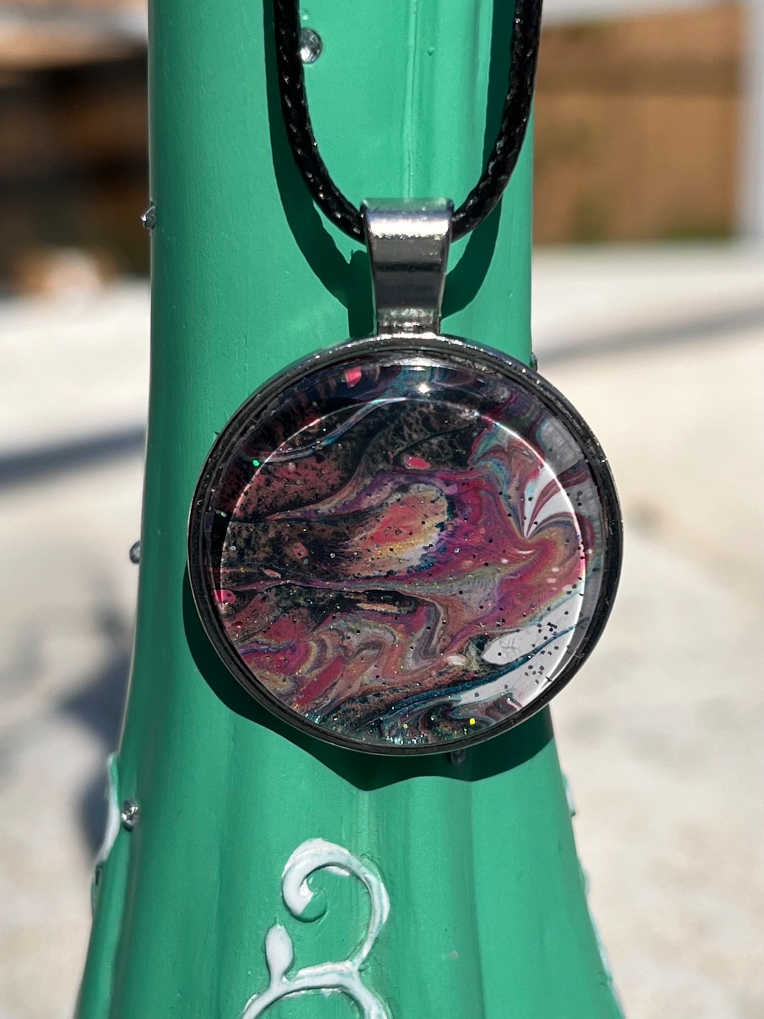 Abstract Wearable Art Unique Fluid Art Pendant. Pink, Black & White ...