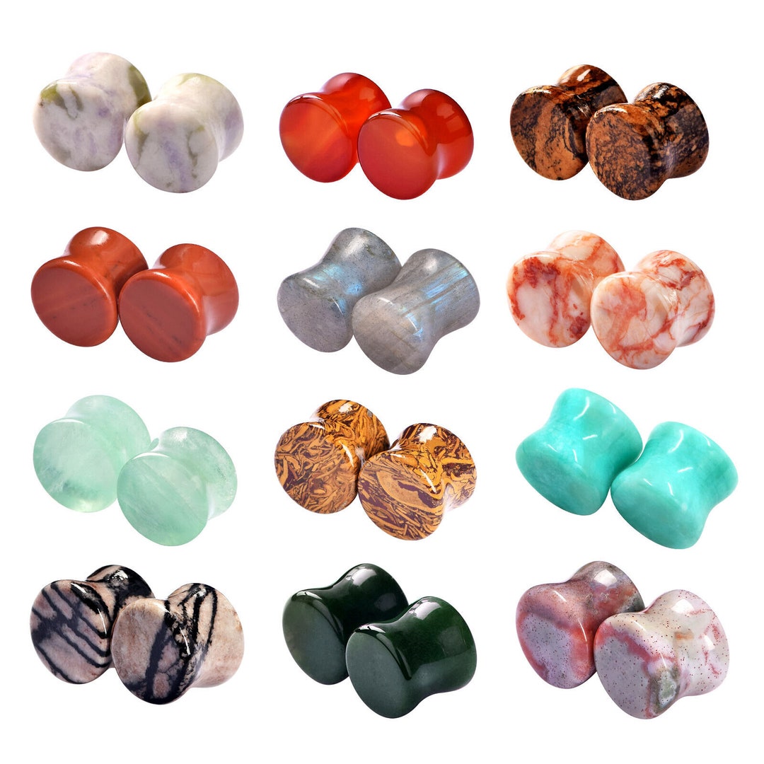 Pair Organic Stone Saddle Ear Gauges Plugs Double Flared Flrsh Tunnels ...