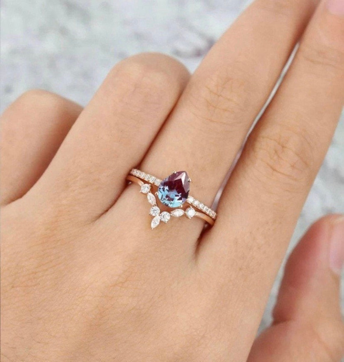Pear Alexandrite Rose Gold Ring Set: Vintage Art Deco Bridal Promise ...
