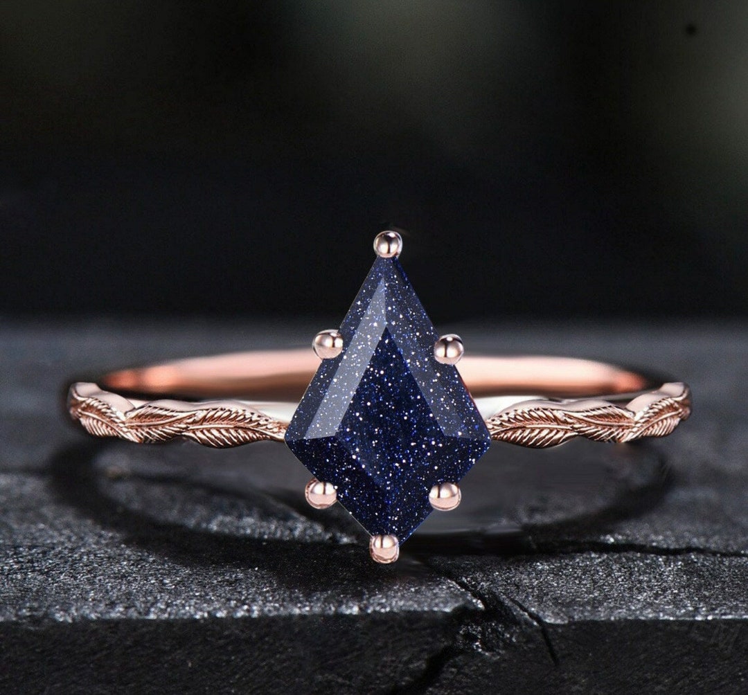 Kite Cut Blue Sandstone Ring for Women Vintage Unique Solitaire Blue ...