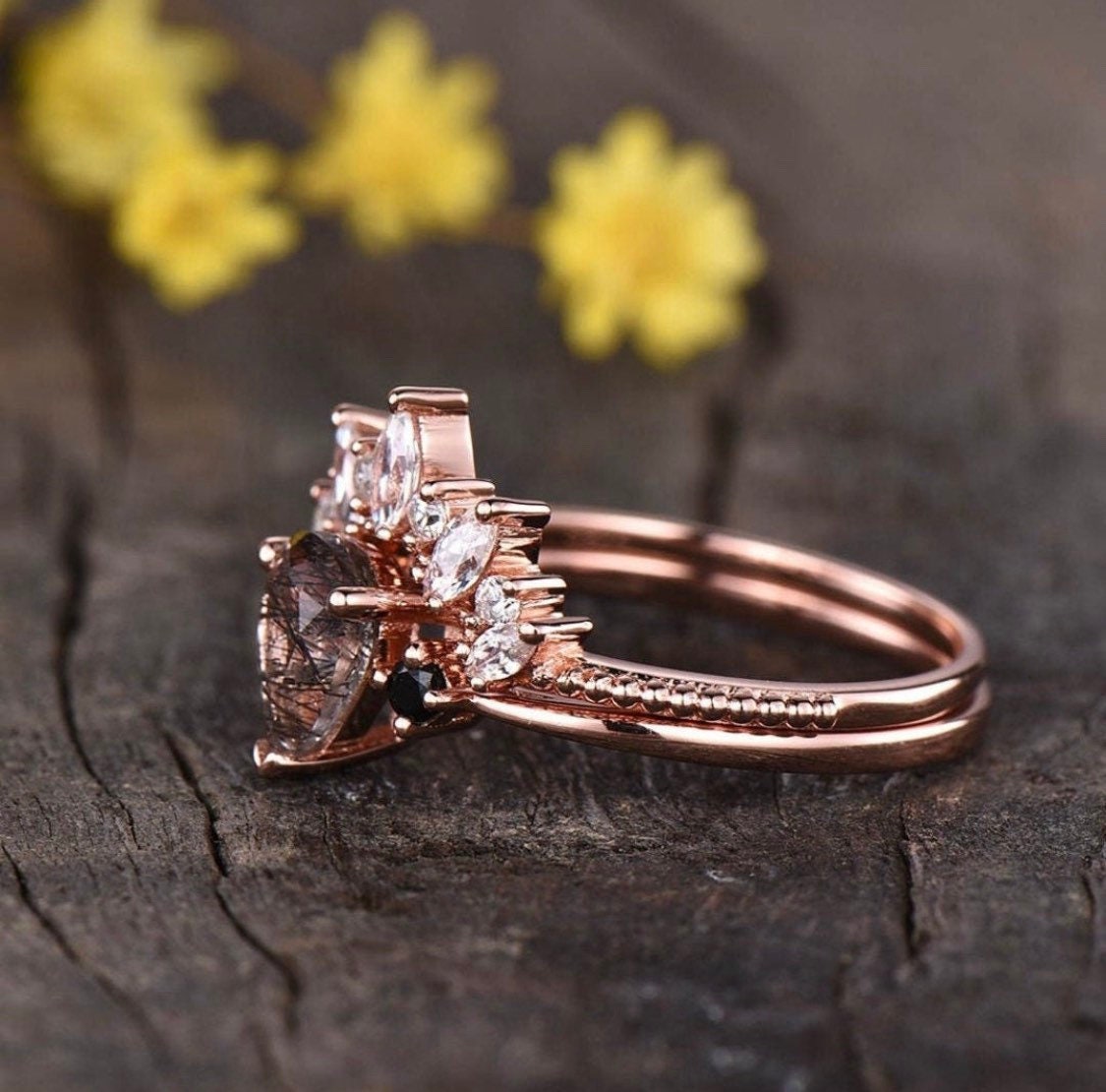 Dual Ring Set,black Rutile Wedding Ring Set,handmade CZ Jewelry ...