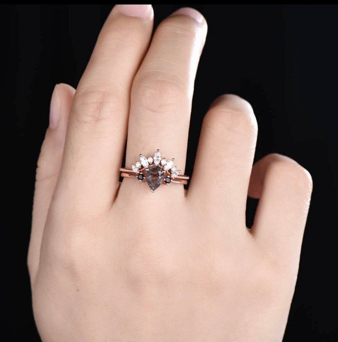 Dual Ring Set,black Rutile Wedding Ring Set,handmade CZ Jewelry ...